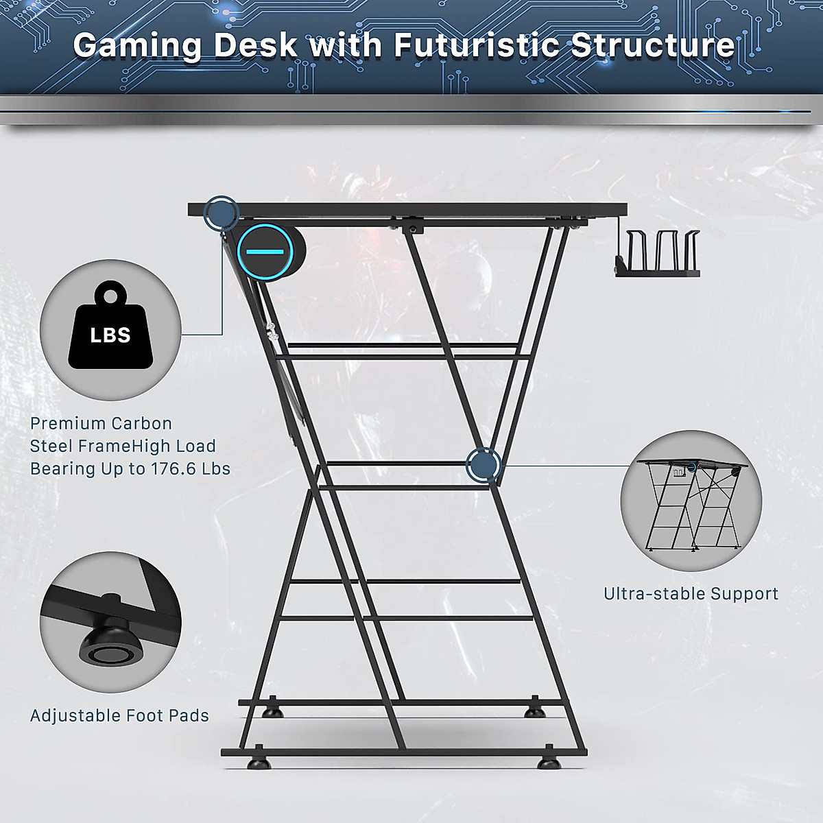 JOY worker Gaming Desk with LED Lights, 47 Inch Gamer Desk Carbon Fiber Desktop, Game Desk with Cup Holder, Home Office Gaming Room Workstation, Black