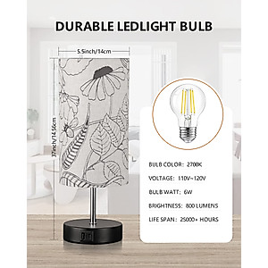 Lanmonlily Touch Control Desk Lamp with 2 USB Ports, 3-Way Dimmable Bedside Lamp for Bedroom, Nightstand Lamp with Round Flower Fabric Shade for Living Room, Home Office (E26 LED Bulb Included)