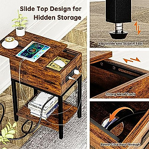 SZLHANJZ Nightstand with Charging Station, Narrow End Table with Storage Drawer, Wood & Metal Narrow Nightstand 2 Tier, Small Sofa Bed Side Table for Living Room Bedroom Dorm, Dark Brown