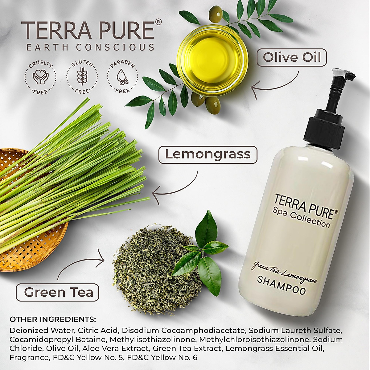 Terra Pure Shampoo | Spa Collection | Hotel Amenities in Pump Bottle | 10.14 oz. / 300 ml (4 Bottles)