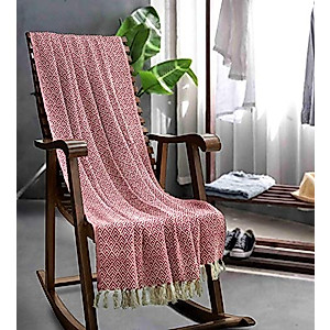 Cotton Throw Blanket 65x50 - Red Christmas Beautifully Knitted Chevron Pattern Throw Blanket with Fringe - Lightweight Warm Cozy Soft Elegant - Best for Chair Sofa Couch Bed - Home Living Room Decor