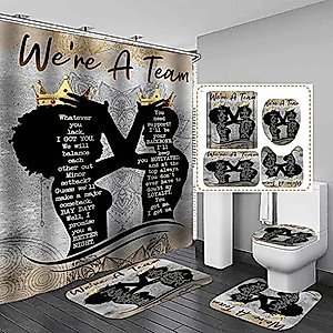 XVWJ 4PCS African American Shower Curtain Sets, Inspirational Quotes Black King Queen Bathroom Decor Sets with Shower Curtain and Rugs, Toilet Lid Cover, Bath Mat, Romantic Afro Couple Shower Curtains