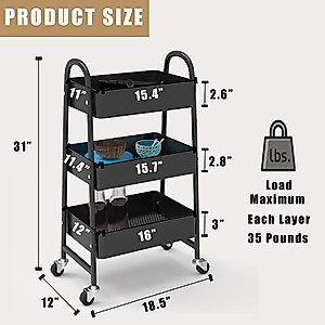 3 Tier Rolling Cart, Metal Ultility Cart with Extra Large Lockable Wheels, Makeup Storage Organizer Craft Trolley, Serving Cart Easy Assembly for Kitchen, Bathroom, Office (Black)
