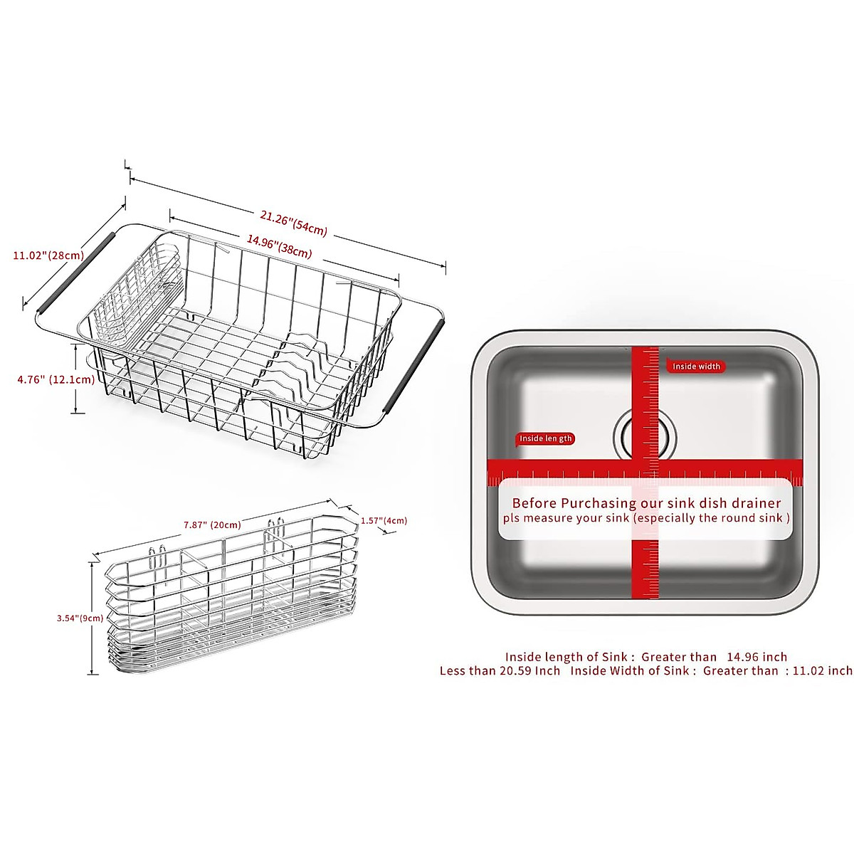 JAQ Dish Drainer in Sink Adjustable 14.96" to 20.59", Expandable 304 Stainless Steel Metal Dish Drying Rack Organizer with Stainless Steel Utensil Holder Over Inside Sink Counter