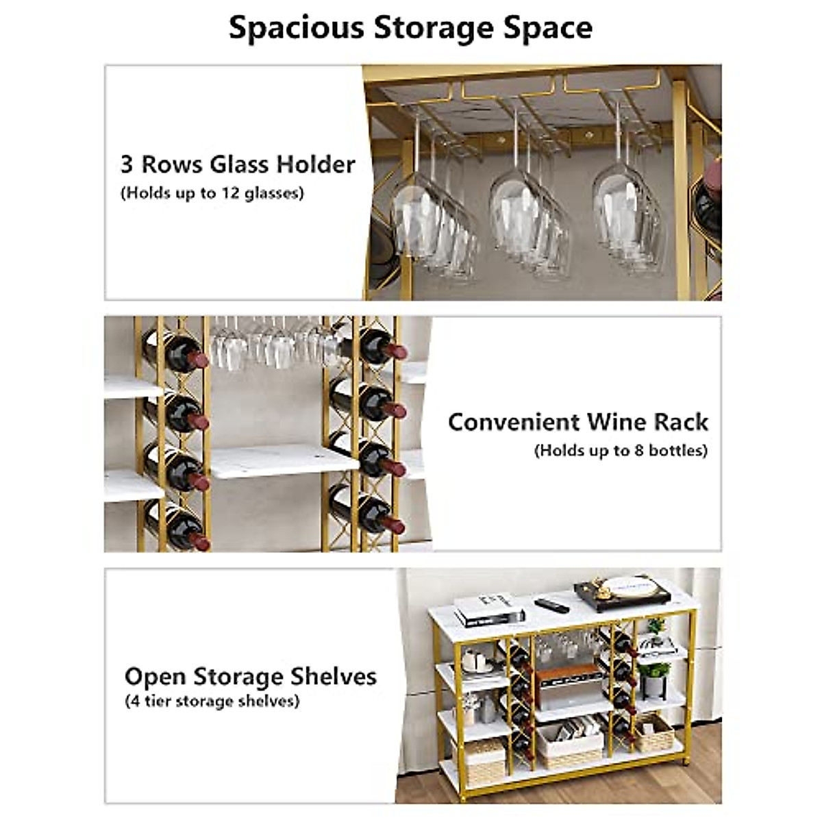 Teraves Modern Wine Rack Table, 47 Inch Wine Baker's Rack with Storage Shelves, 4 Tier Freestanding Wine Rack for Bar, Buffet, Home Kitchen Dining Room Living Room (White Marbling+ Gold Frame)