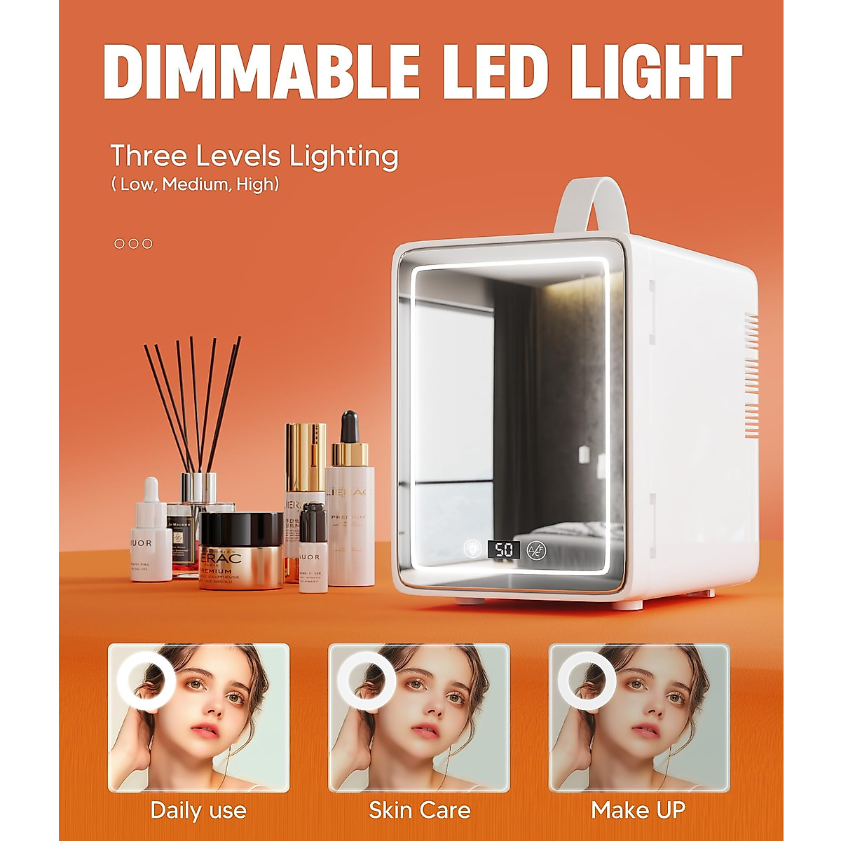 KAYBAYJAY Skincare Fridge With Dimmable LED Light Mirror, 4L Makeup Mini Fridge for Bedroom, Car, Office & Dorm, Cooler & Warmer, Portable Mini Fridge for Cosmetics, Skin Care and Food (White)