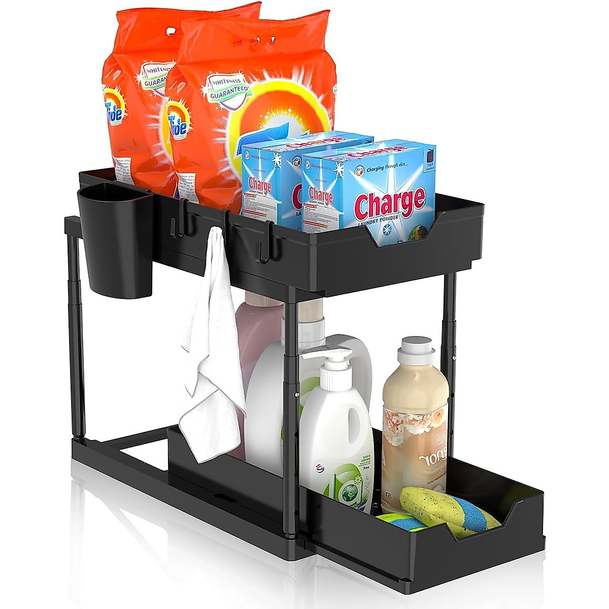 Chiaamo, Under Sink Organizers and Storage 2-Tier Sliding Shelf, 1 Sliding Organizer for countertop or Under The Sink with 4 Telescopic Tubes That Allows You to Adjust The Height to Your Need.