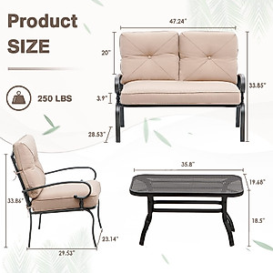 Oakcloud 4Pcs Metal Outdoor Furniture Patio Conversation Set (Loveseat and Coffee Table, 2 Dining Chair) -Wrought Iron Patio Chair Set with Cushions (Brown)