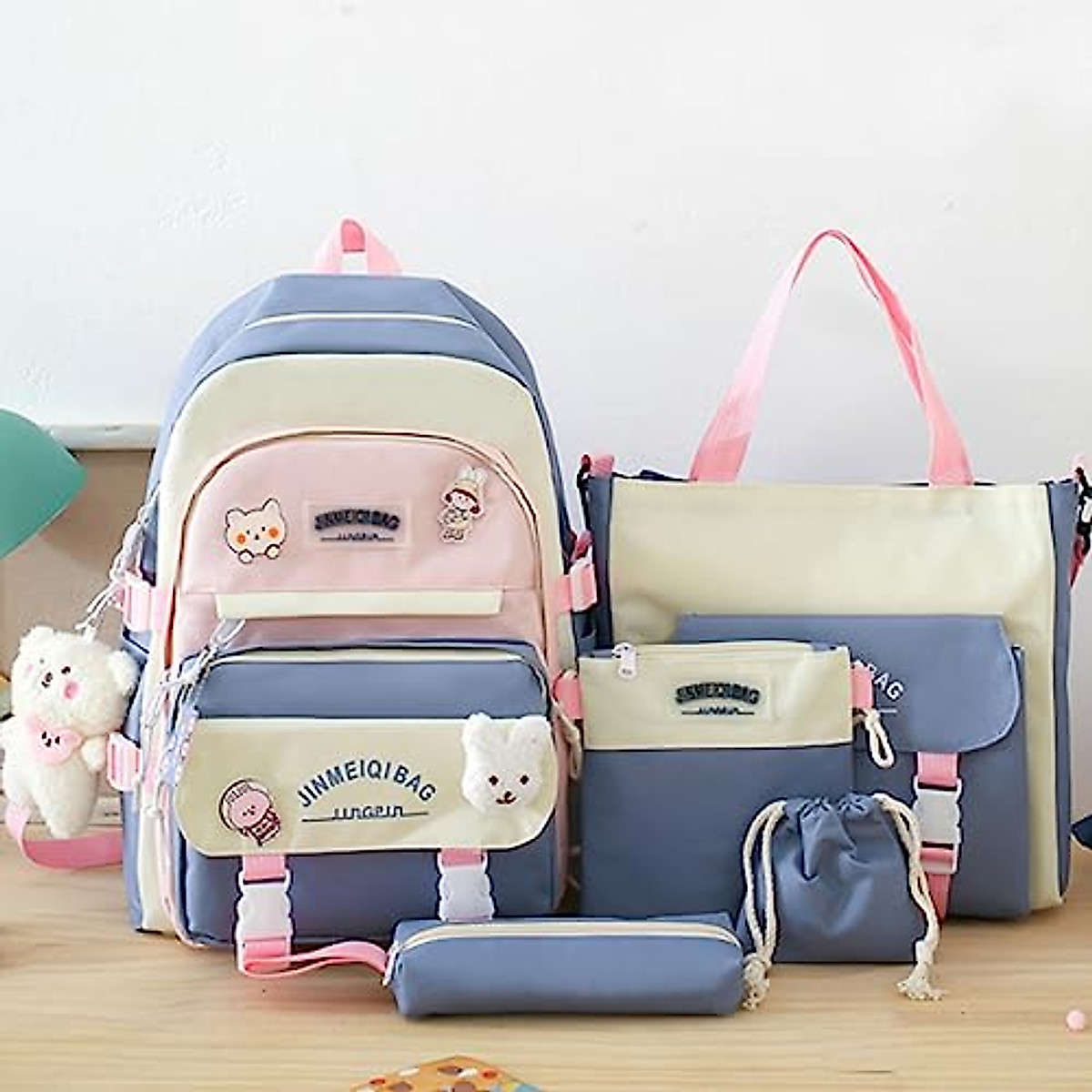 MIFJNF 5Pcs Kawaii Backpack Cute Backpack for School Aesthetic Backpack Kawaii School Supplies Backpack Set with Accessories (Blue)