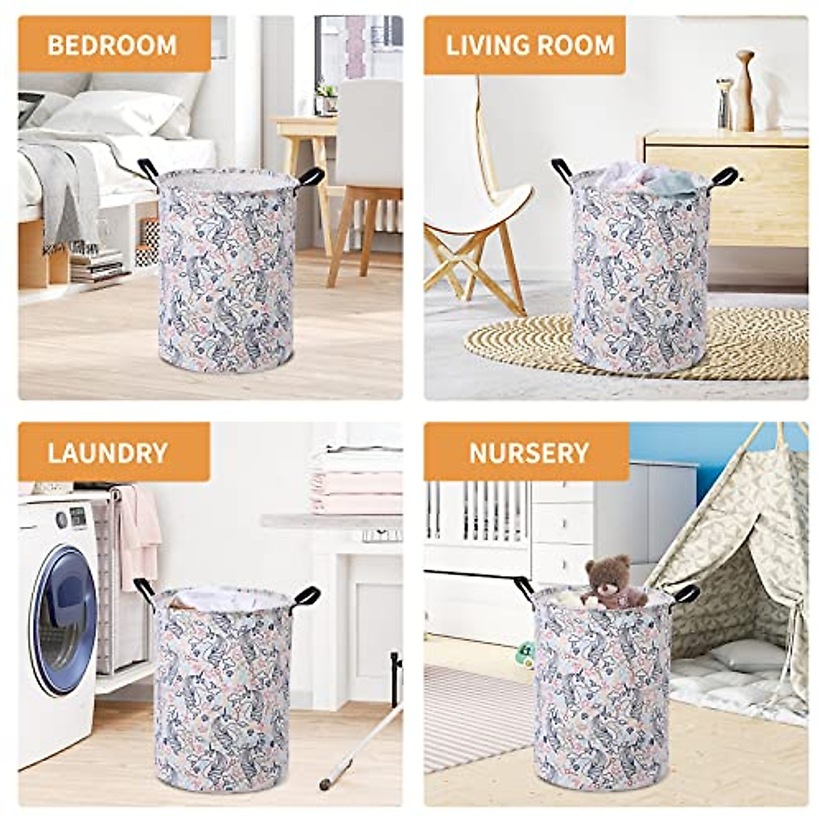 LOTADILO Laundry Basket Storage Baskets with Handle Nursery Hamper Collapsible Large Sized Round Bin for Bedroom, Kids Boys and Girls, Office, Clothes,Toys （Unicorn）