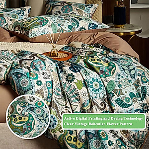 CinYana Paisley Floral Duvet Cover King Vintage Style Duvet Cover Set 5 PCS Boho Bedding Set Green Duvet Cover Set(Green,King/California King)
