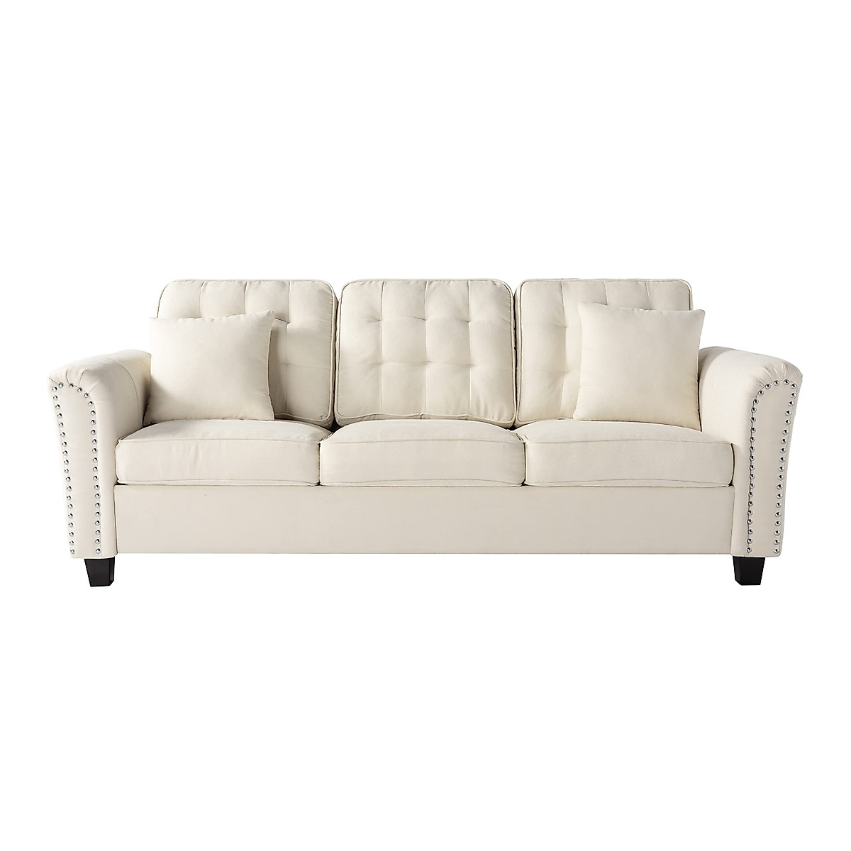 Lepfun Chesterfield, 86.6” Flare Sofa, Tufted 3 Seater Furniture, Velvet Couch with Scroll Arms and Nailhead for Living Room, Bedroom, Office, Apartment (Beige)