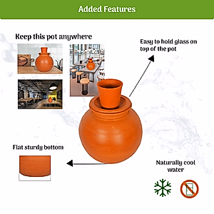 Village Decor Handmade Earthen Clay Water Pot with Lid and Glass (Capacity 4000 ml / 135 oz)