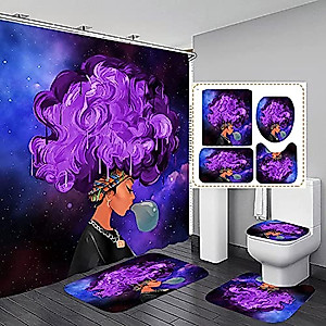 African American Shower Curtains for Bathroom, Black Girl Bathroom Sets with Shower Curtain and Rugs and Accessories, 4Pcs Colorful Bathroom Decor Sets (Blue)