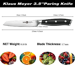 Klaus Meyer Stahl 3.5 inch Paring Knife High Carbon Exclusive German Steel Fruit Knife, Small Kitchen Knife with Ergonomic Handle (Black)