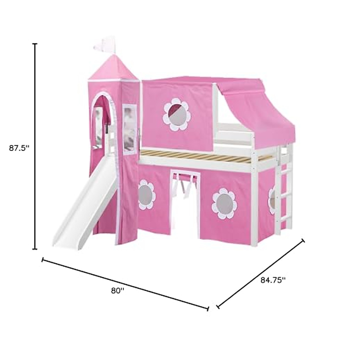 JACKPOT! Princess Low Loft Bed with Slide, Pink and White Tent and Tower, Twin, White