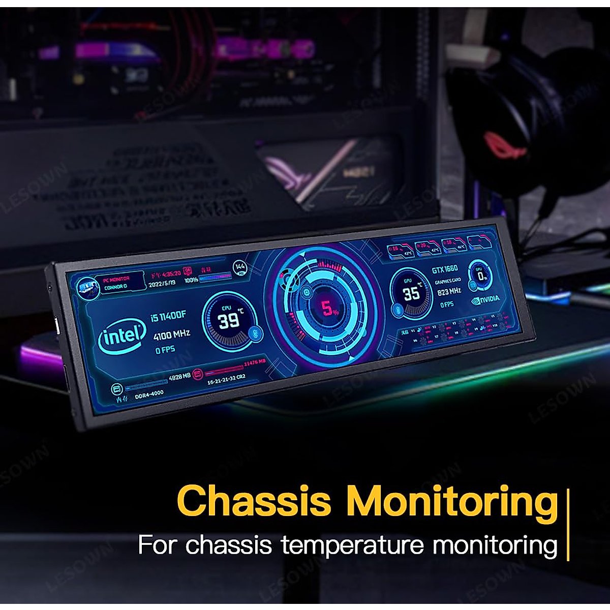 LESOWN 8.8 inch Monitor PC Case Temperature Display Mini Ultra Wide Monitor Stretched Bar Display AIDA64 PC Sensor Panel 1920x480 Small Temp Monitor for RPi CPU Monitoring