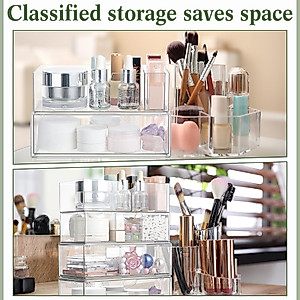 CroBlissful Medicine Cabinet Organizer 4 Tier Stackable Makeup Organizer Tray with 2 Drawers 2 Storage Box 1 Lip Gloss Holders and 1 Movable Partition for Bathroom Cabinet Wall Vanity