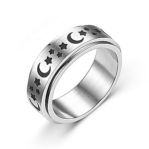 COLORFUL BLING 4 Piece Stainless Steel Spinner Band Ring Set Hypoallergenic Relieving Stress Moon Star Heart Sand Blast Finish Wedding Ring-Size 12