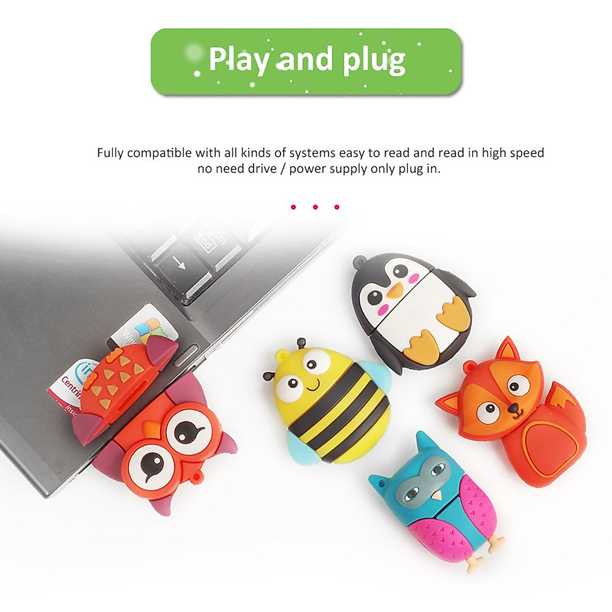 LEIZHAN 5X8GB Cute Animals USB Flash Drive with Chain Bee Fox Owls Penguin Pen Drive Gifts for School Kids and Students Valentine's Day Gift (Pack of 5 Animals)