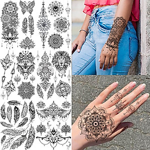 COKTAK 6 Pieces/Lot Unique Black Henna Temporary Tattoo Stickers For Adults Women Girls Feather Mandala Flower Body Art Large Big Arm Tattoos Sheet Lace Indian Mehndi Sexy Wedding Tatoos OWL