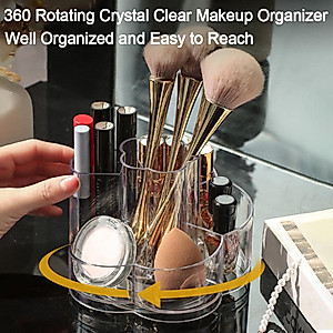 LINFIDITE 360 Rotating Makeup Organizer Spinning Cosmetic Display Cases with 5 Compartment Acrylic Clear Round Turntable Storage Tray Bathroom Counter Organizer Makeup Brush Lip Gloss Organizer Case