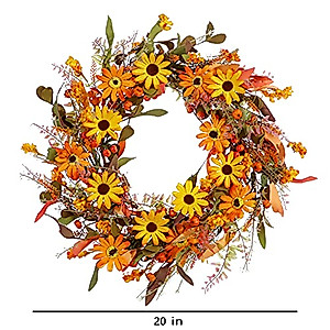 Fall Front Door Wreath,20” Artificial Floral Wreath with Orange Daisies and Foliage,Autumn Wreath with Small Pumpkin and Berry for Home Wall Window and Thanksgiving Decor-Beautiful Gift Box Included