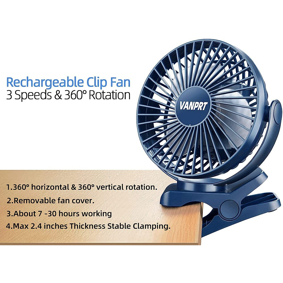 VANPRT 5000mah Clip on Fan, 6'' Portable Rechargeable Battery Fan, 7-30 Working Hours, 3 Speeds Strong Airflow, 720° Rotation, Quiet, Strong Clamp for Desk/Office/Golf/Car/Gym/Treadmill - Blue