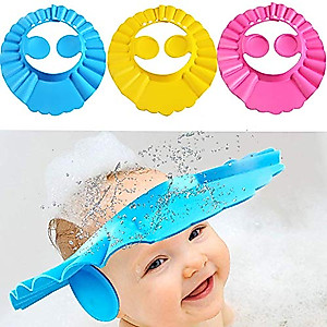 FEBSNOW Baby Shower Cap Bathing Cap - 3 Pcs Soft Adjustable Visor Hat Safe Shampoo Shower Bathing Protection Bath Cap for Toddler, Baby, Kids, Children (Bule+Yellow+Pink)