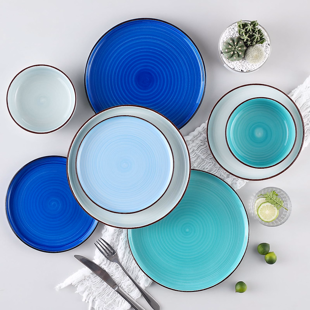 vancasso Bonita Blue Dinnerware Sets, Plates and Bowls Set for 4, 12 Pieces Stoneware Dinnerware Set, Dishwasher and Microwave Safe
