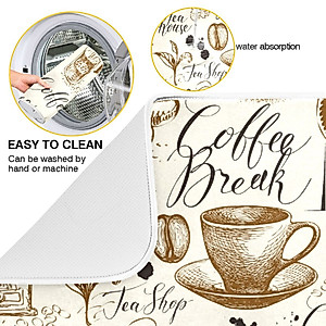 Coffee Dish Drying Mat for Kitchen Counter,Funny Coffee House Coffee Cup Spill Coffee Maker Microfiber Absorbent Dish Drainer/Rack Pads Heat Resistant Drying Mat Kichen Sink Accessories 16"x18" Beige