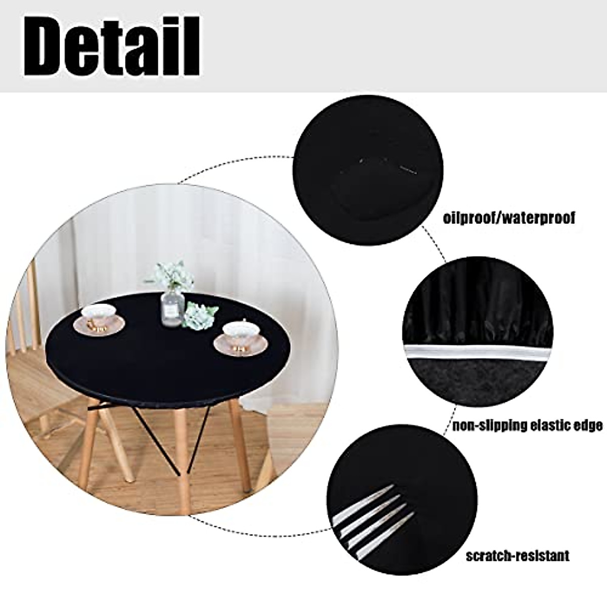LUSHVIDA Round Waterproof Table Cover Tablecloth Vinyl Fitted Elastic Edged Plastic Table Cover Fits Tables up to 45"-56" R Black
