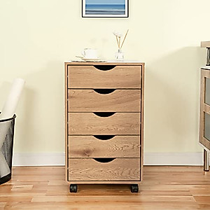 Naomi Home Taylor 5 Drawer Chest, Wood Storage Dresser Cabinet with Wheels, Storage Organization, Makeup Drawer Unit for Closet, Bedroom, Office File Cabinet 180 lbs Capacity – Natural
