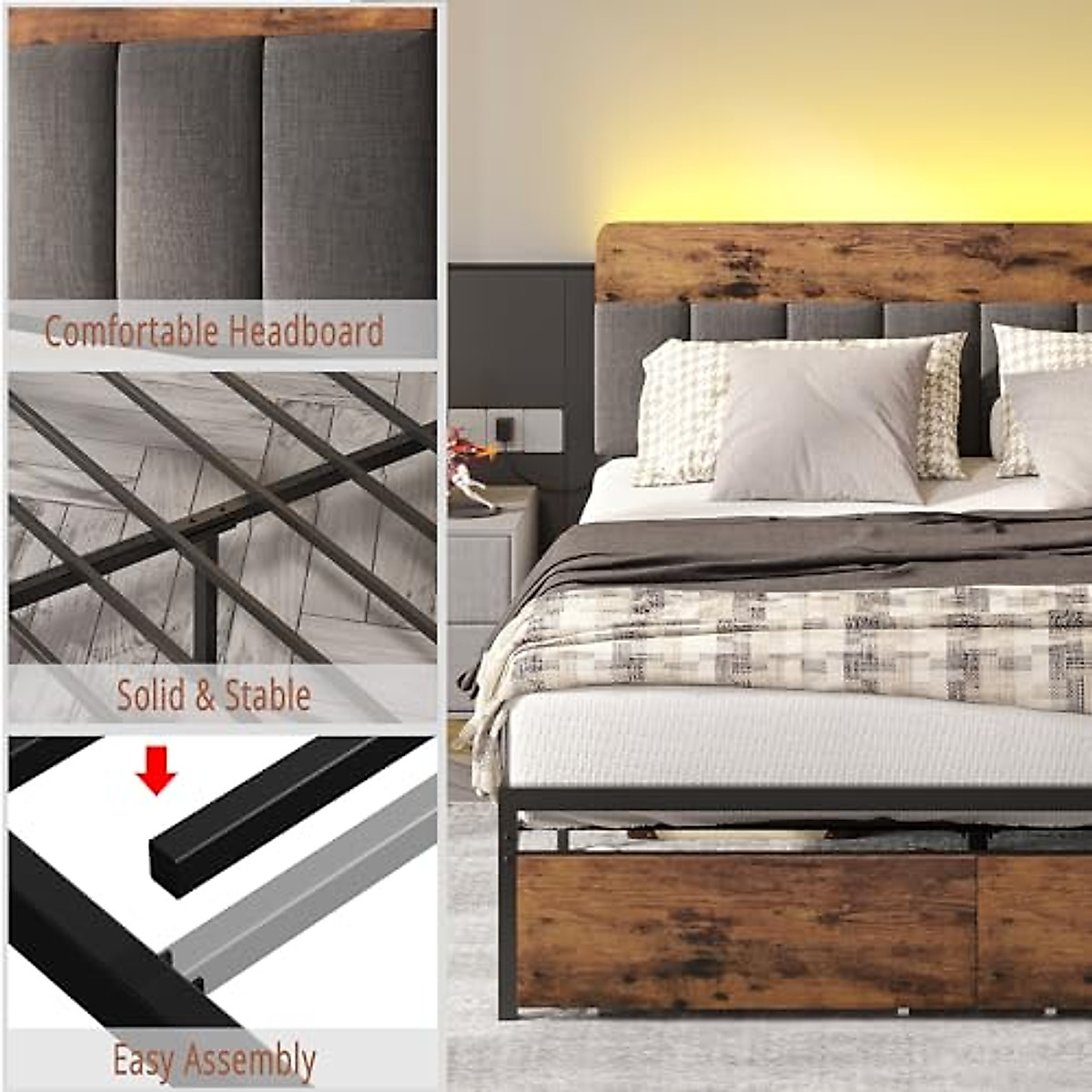 LIKIMIO Queen Bed Frame, with Storage Headboard, Drawers, LED Light, Charging Station, Sturdy, Noiseless, No Need Box Spring, Easy to Assemble