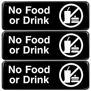 Excello Global Products No Food or Drink Sign: Easy to Mount Informative Plastic Sign with Symbols 9” x 3”, Pack of 3 (Black)