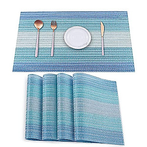 HeloHo Placemats Set of 4,Vinyl Table Place Mats Stain Resistant Foldable Placemats Washable Wipeable Placemat for Kitchen Dining Table Decoration Indoor Outdoor（Blue）