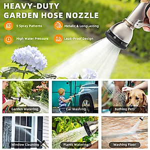Garden Hose Nozzle, Upgrade Heavy Duty Metal High Pressure Water Hose Nozzle with 9 Spray Patterns Rotating for Outdoor Lawn & Garden Watering, Car & Pet Washing