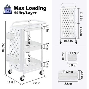 KINGRACK 3-Tier Rolling Cart, Metal Utility Cart with Pegboard, Utility Rolling Storage Carts with Wheels, Craft Storage Trolley with Handle for Kitchen Office Classroom, White