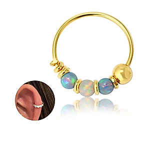 Handmade Gold Single 10MM Cartilgae Helix Piercing Hoop Earring with Trio Blue&White Opal, Gold Plated over Sterling Silver Very Small Thin 22Gauge Hoop for women, By Miya Jewelry Creations