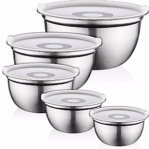 FineDine Stainless Steel Mixing Bowls Set with Lids, Home Kitchen Cooking Essentials Household Must Haves for Baking, 5 Pieces