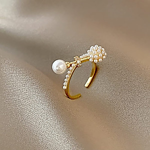Cute Pearl Statement Ring for Women Girls Gold Plated Faux Pearls Ball Beaded Barbell Expandable Adjustable Open Wrap Rings Comfort Fit Lovely Birthday Christmas Wedding Jewelry