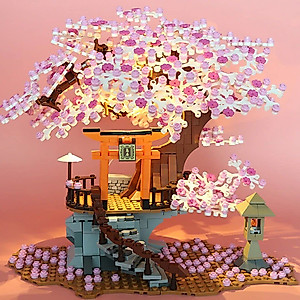 NEWRICE Sakura Tree House Lights Building Kit,City Architecture Inari Shrine Building Blocks Sets,for Adults,or Aged 12+ Boys Girls (1103 Pieces)