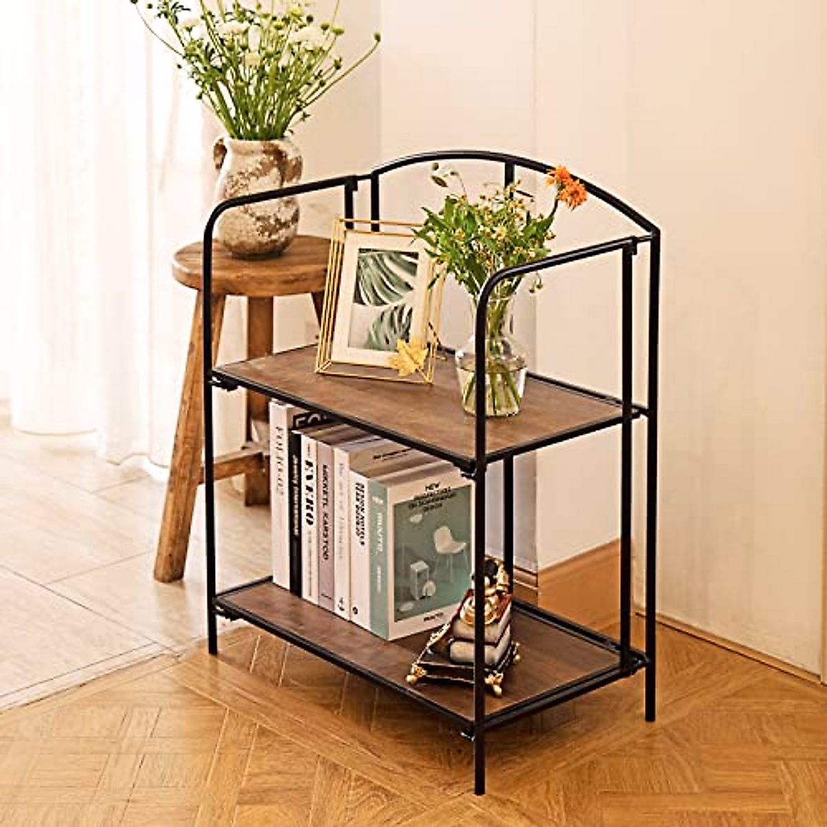 Crofy No Assembly Folding Bookshelf, 2 Tier Black Bookshelf, Metal Book Shelf for Storage, Folding Bookcase for Office Organization and Storage, 12.6 D x 22.44 W x 28.74 H Inches