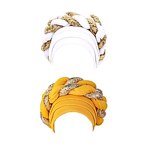 zhxinashu 2 Pcs African Hats for Black Women,Sequined African Head Wraps,Turbans for Women Fashion(White+Yellow)