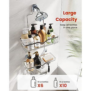 Amada Hanging Shower Caddy, Shower Caddy Over Shower Head, Rustproof Stainless Steel Shower Organizer with Soap Holder & Hooks, Shower Rack for Shampoo, Sponges, Towels, No Drilling Required, Silver