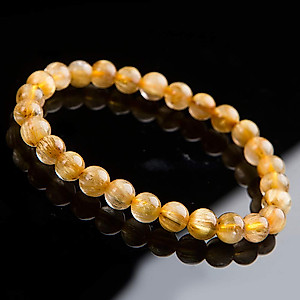 7mm Natural Gold Rutilated Quartz Gemstone Stretch Clear Round Beads Bracelet Brazil AAAAA