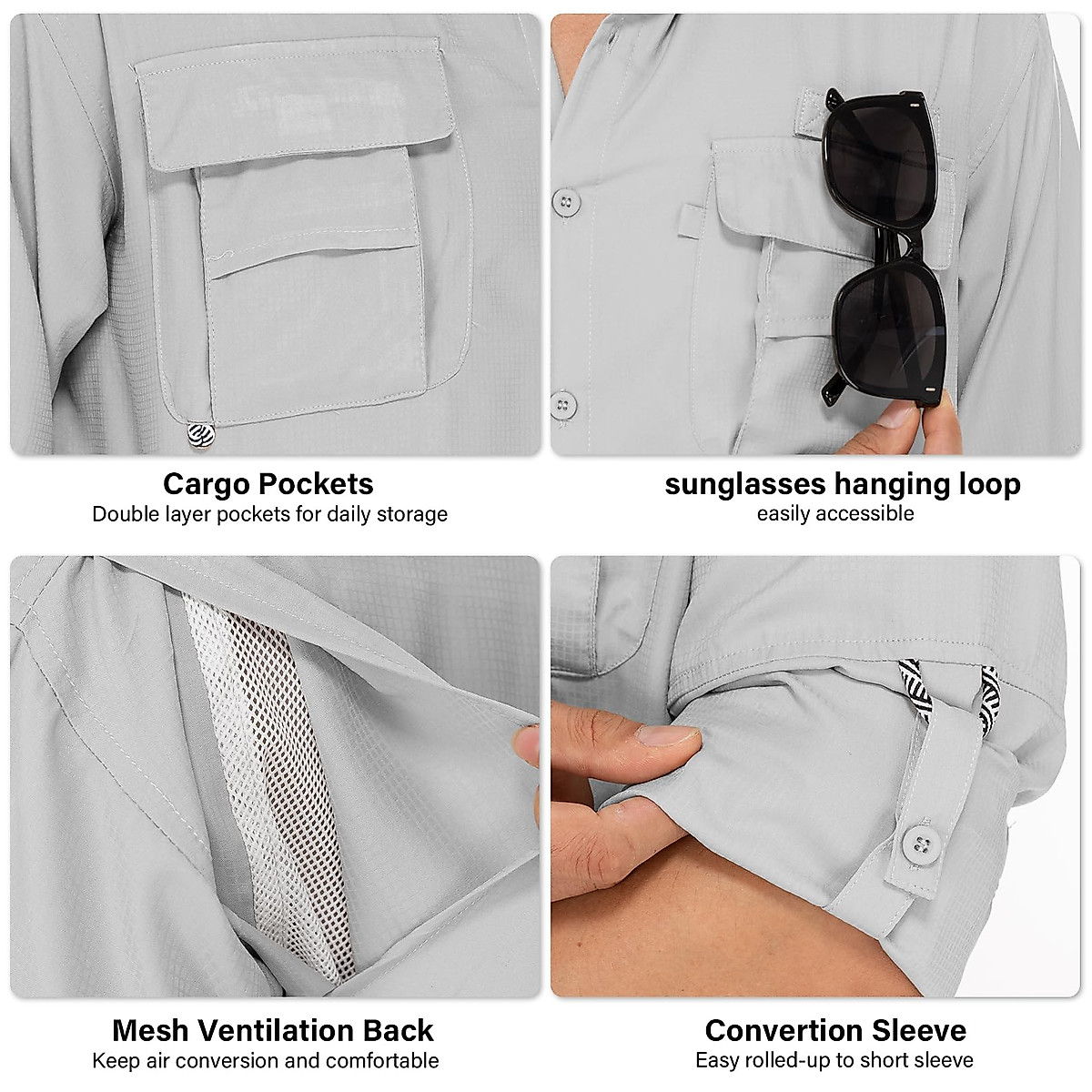 Men’s Long Sleeve Shirts UV UPF 50 Sun Protection Hiking Fishing Safari Shirt Quick Dry Cool Utility Blouse (5052 Light Grey M)