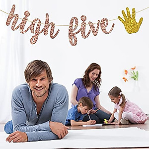 INNORU High Five Banner, Rose Gold Glitter Children 5th Birthday Party Decorations, 5th Birthday Garland Bunting, Boy Girl 5th Birthday Party Supplies
