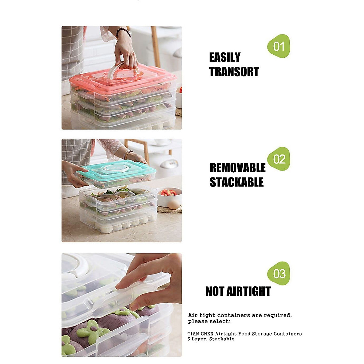 TIAN CHEN Refrigerator Organizer Bins, Plastic Food Storage Containers with Lids, 3-Layer, BPA free, Stackable Food Organizer Keeper for Snack, Vegetables, Meat, Fish (Transparent)