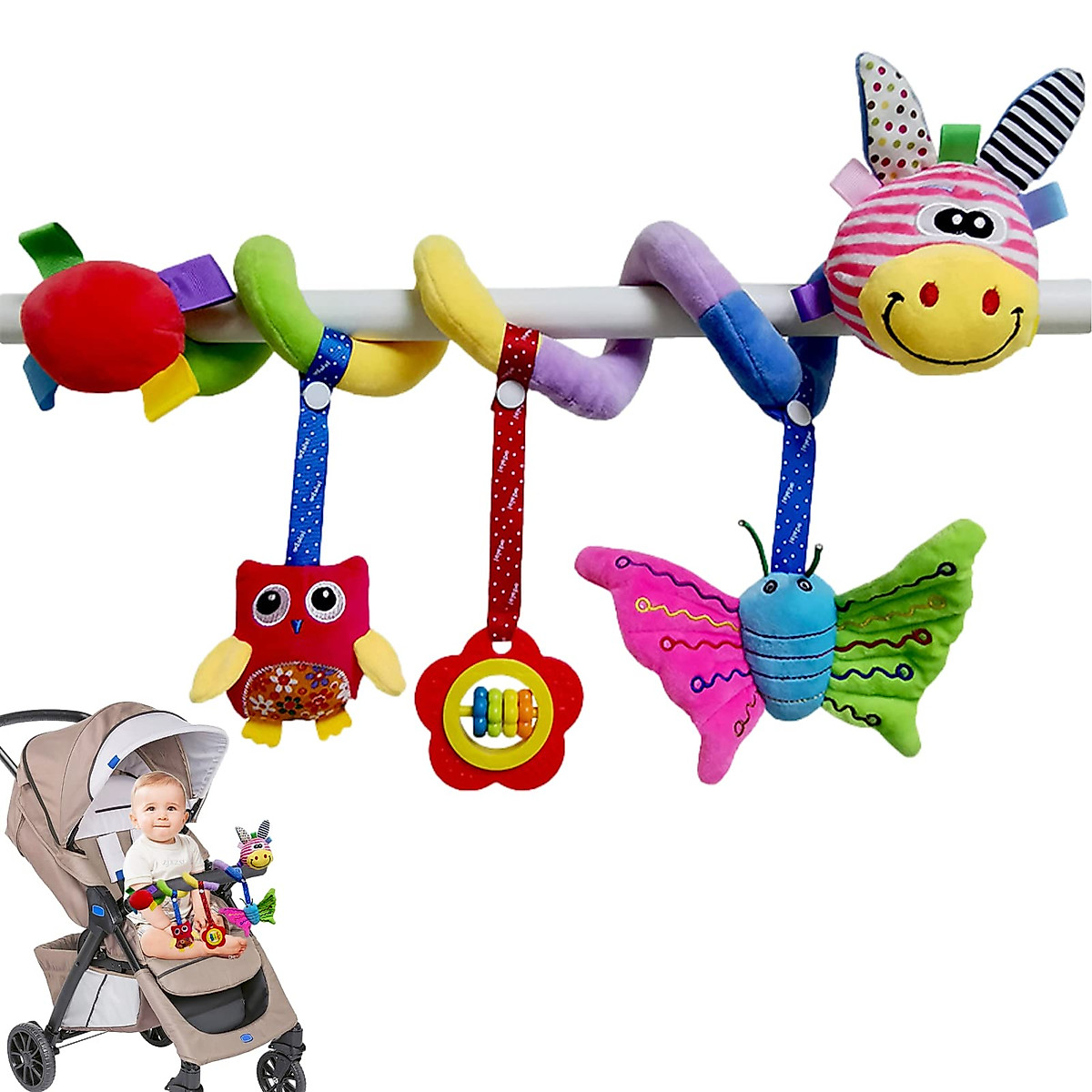 KSIEE Car Seat Toys,Adorable and Soft Infant Baby Spiral Plush Activity Hanging Toys with Music Box BB Squeaker and Rattles for Car seat Stroller Crib Bassinet (Yellow Donkey)